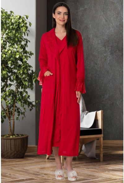 Renkli Mecit Işlemeli Uzun Sabahlıklı Lohusa Gecelik Takım 5558