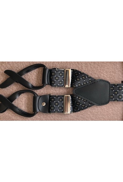 Kemer Sepeti Koyu Gri Beyaz Noktalı Düğmeli Pantolon Askısı