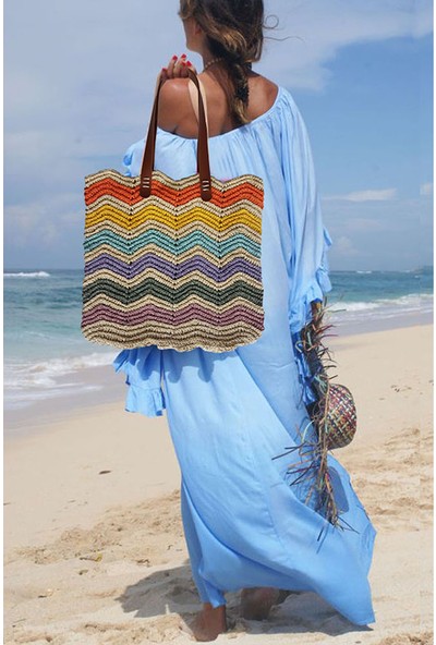 My Choose El Örgüsü Renkli Dalgalar Omuzdan Deri Askılı Hasır Plaj Çantası