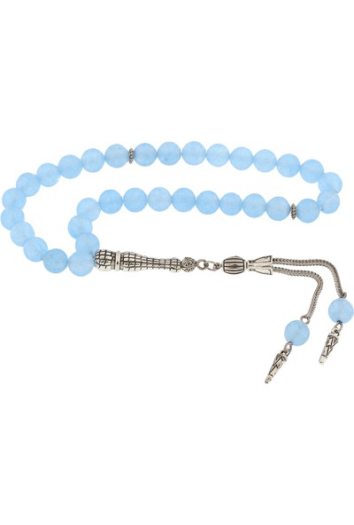 Gumush Doğaltaş Metal Püsküllü Mavi Yeşim Taşı Tesbih