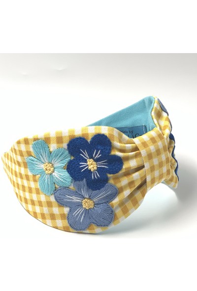 Zelice Üç Mavi Çiçek Sarı Pötikareli Taç