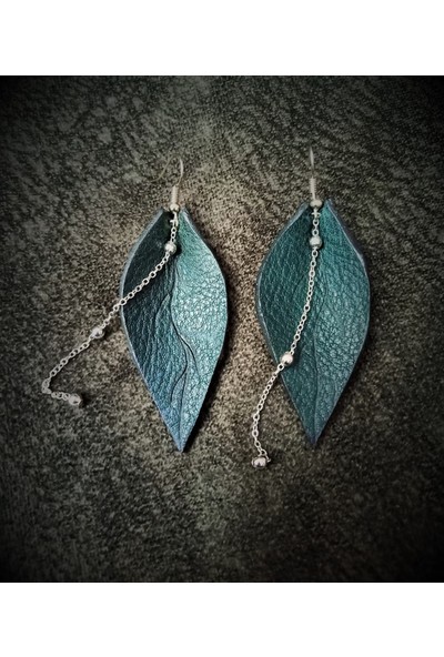 Blue&soul Deri Zincirli Yaprak Küpe Yeşil Tasarım Küpe