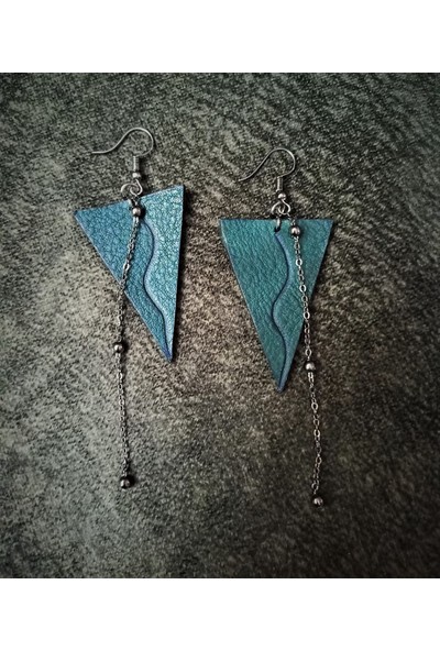 BLUE&SOUL Deri Zincirli Küpe Üçgen Yeşil Blue&soul Tasarım Küpe