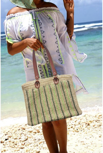 My Choose El Örgüsü Dik Çizgili Omuzdan Deri Askılı Hasır Plaj Çantası