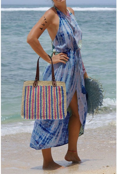 My Choose El Örgüsü Çizgili Omuzdan Deri Askılı Hasır Plaj Çantası