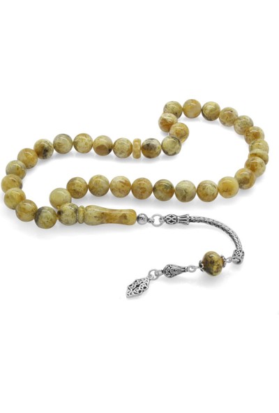 Tesbihane 925 Ayar Gümüş Püsküllü Küre Kesim Mozaik Desenli Damla Kehribar Tesbih