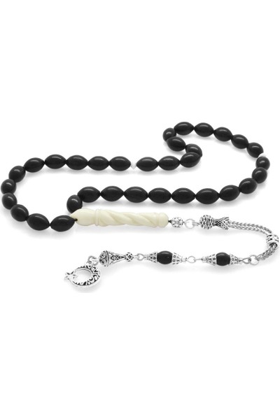 Tesbihane Kararmaz Metal Püsküllü Imamesi Deve Kemiği Işçilikli Arpa Kesim Abanoz Ağacı Tesbih