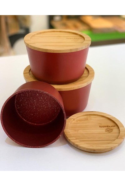 Oms Bambu Kapaklı Granit Saklama Kabı Seti 12/14/16CM Kırmızı Oms Bambu Kapaklı Granit Saklama Kabı Seti 12/14/16CM Kırmızı