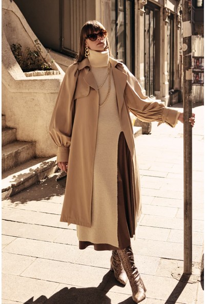 Mizalle Balon Kollu Beli Kuşaklı Bej Uzun Trençkot