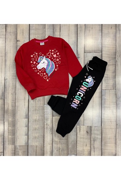 Mojqueno Kids Kız Çocuk Unicorn Desen Kırmızı Renk Alt Üst Şardonlu Penye 2'li Eşofman Takımı