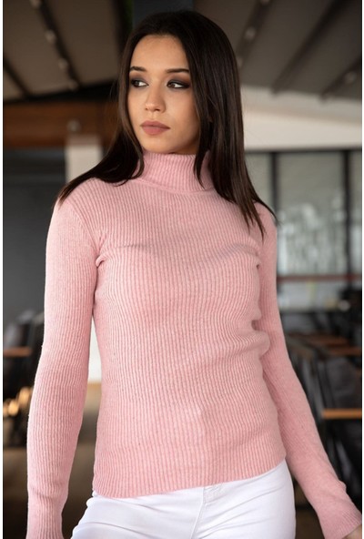 Kasheha Kadın Pudra Balıkçı Yaka Uzun Kollu Fitilli Triko Kazak - KAD3325536