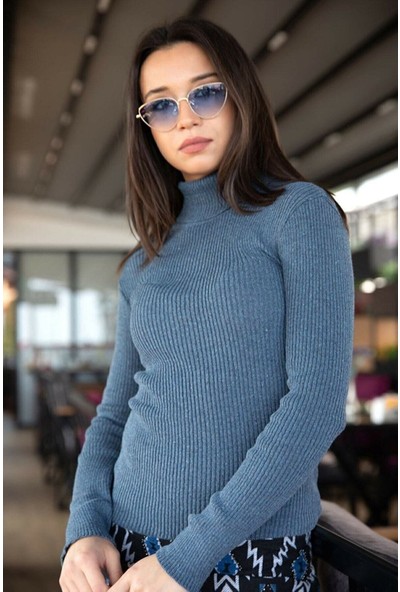 Kasheha Kadın Indigo Balıkçı Yaka Uzun Kollu Fitilli Triko Kazak - KAD3325536