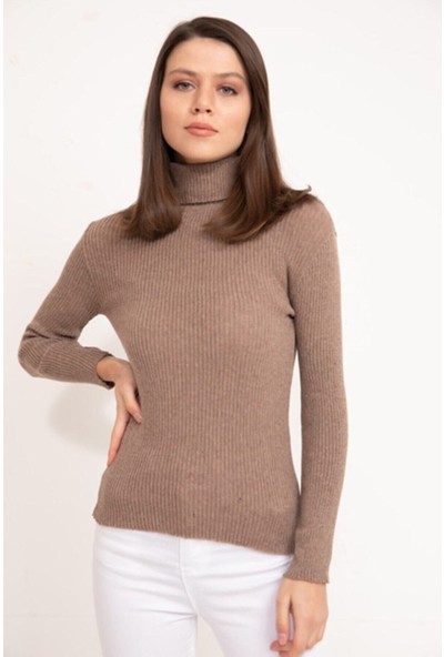 Kasheha Kadın Vizon Balıkçı Yaka Uzun Kollu Fitilli Triko Kazak - KAD3325536