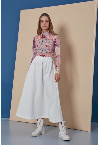 Mizalle Beli Lastikli Scuba Ekru Uzun Etek