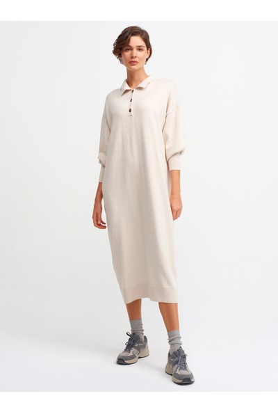 Dilvin 2934 Polo Yaka Düğmeli Triko Elbise-Natural