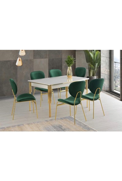 Sweet Home Açılır Sahra Salon Masası Ekru Desen 6 Adet Teo Sandalye Gold Metal Ayak