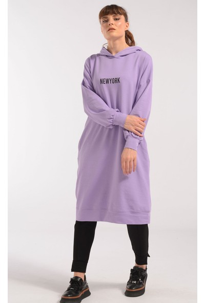 Nefise Baskılı Kapüşonlu İki İp Tunik - Lila