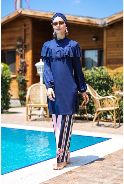 Marina Önü Fırfır Detaylı Likralı Tam Kapalı Tesettür Mayo 4'lü Set Marina Mayo M2012 Lacivert