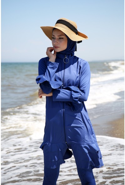 Marina Kolları ve Etek Ucu Fırfırlı Fermuarlı Tam Kapalı Tesettür Mayo 3'lü Set Marina Mayo M2033 Indigo