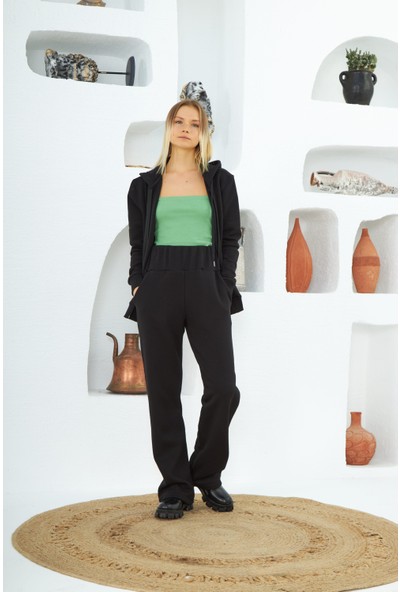 Evamore Bswp Siyah Dikişsiz Yüksek Bel Detaylı Geniş Kesim Sweatpant