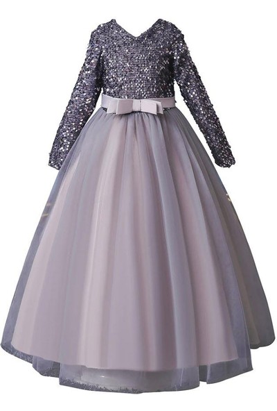 Masho Trend Gri Zara Payetli Çocuk Abiye - Kız Çocuk Elbise - Kız Çocuk Balo Elbise - Noel Elbise