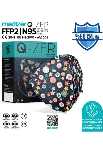 Qzer Lacivert Çiçek Desenli Ffp2 N95 Maske Meltblown Katmanlı Qzer Lacivert Çiçek Desenli Ffp2 N95 Maske Meltblown Katmanlı