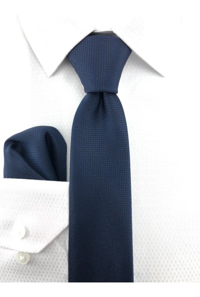 Pierroni Açık Lacivert Oxford Desen Mendilli Kravat