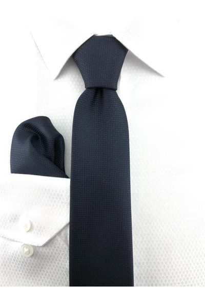 Pierroni Koyu Lacivert Oxford Desen Mendilli Kravat