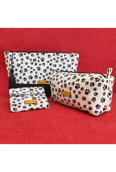 Cottoncrea Handmade Pati Desenli Clutch Çanta & Makyaj Çantası ve Mini Cüzdan Seti