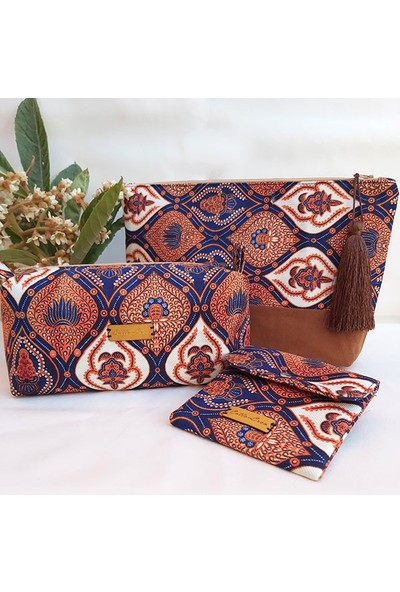 Cottoncrea Handmade Hint Desenli Clutch Çanta & Makyaj Çantası ve Mini Cüzdan Seti