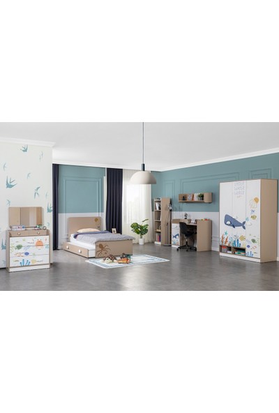 Bubu Home Ocean Çocuk Odası Tak ( Dolap + Yavrulu Karyola + Komodin + Çamaşırlık + Kitaplık Çalışma Masası )