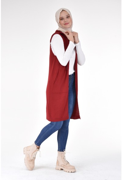 İlmek Kapüşonlu Yelek Bordo - 4299