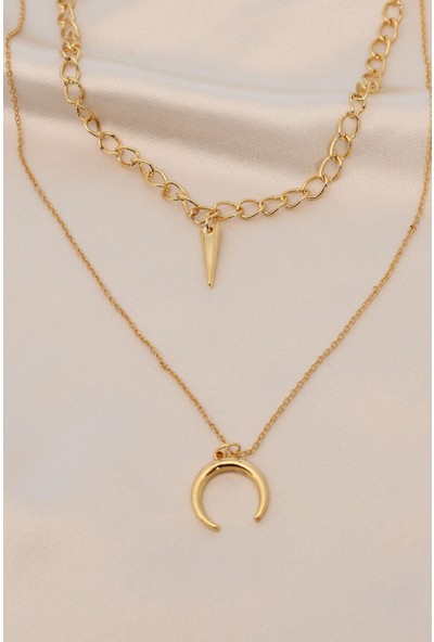 KaktüsKedi Gold Renk Metal Çift Zincirli Aksesuarlı Kolye