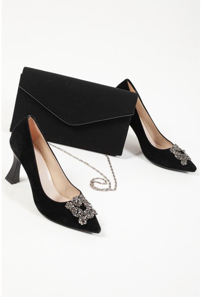 Gult Shoes Kadın 7 cm Topuklu Siyah Süet Taş Detaylı Çanta Kombin Li Stiletto Takımı Gult Shoes Kadın 7 cm Topuklu Siyah Süet Taş Detaylı Çanta Kombin Li Stiletto Takımı