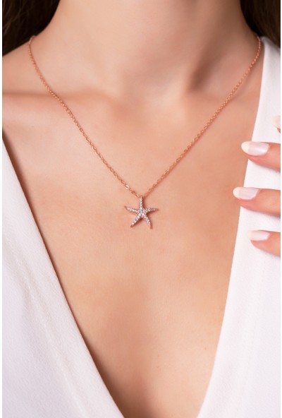 Eva Deniz Yıldızı Taşlı Rose Kaplama Kadın Kolye