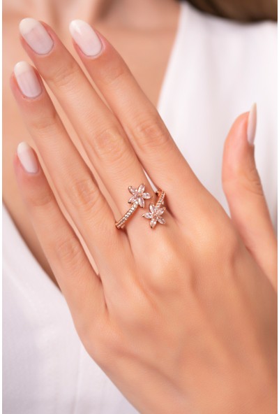 Eva Unutma Beni Mavi/beyaz Taşlı Rose Kaplama Ayarlanabilir Kadın Yüzük