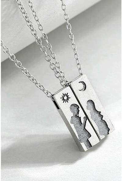 Eva Ay ve Güneş Motifli Gümüş Kaplama Çift Kolye