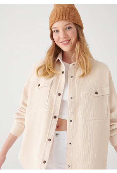 Mavi Bej Fitilli Kadife Gömlek