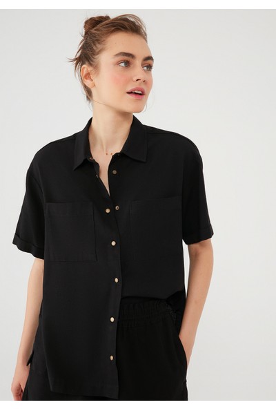 Mavi Kısa Kollu Keten Gömlek Mavi Kısa Kollu Keten Gömlek