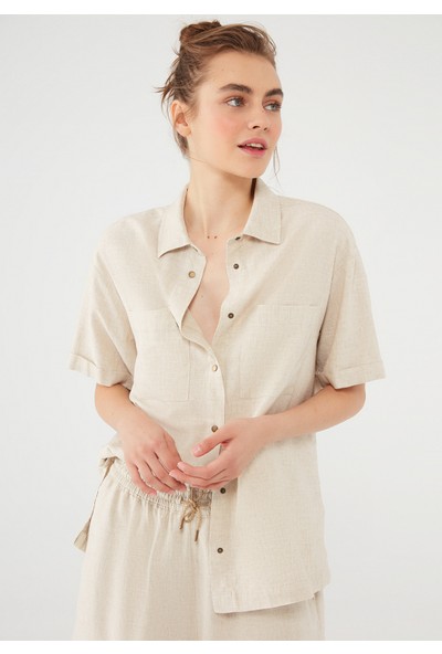 Mavi Kısa Kollu Keten Gömlek Mavi Kısa Kollu Keten Gömlek
