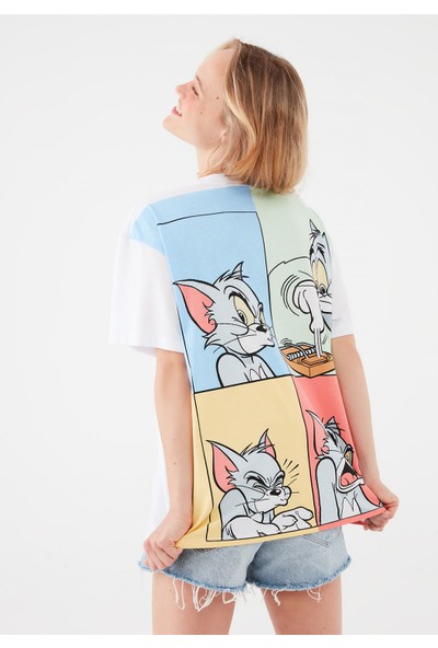Mavi Kadın Tom ve Jerry Baskılı Beyaz Tişört 1601208-620