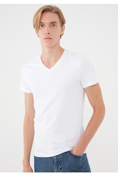 Mavi Erkek V Yaka Streç Beyaz Basic Tişört 061748-620 Mavi Erkek V Yaka Streç Beyaz Basic Tişört 061748-620