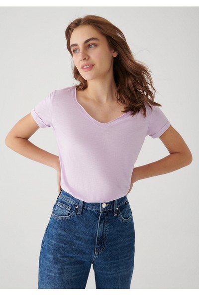 Mavi Kadın Lux Touch V Yaka Lila Modal Tişört 166446-30641