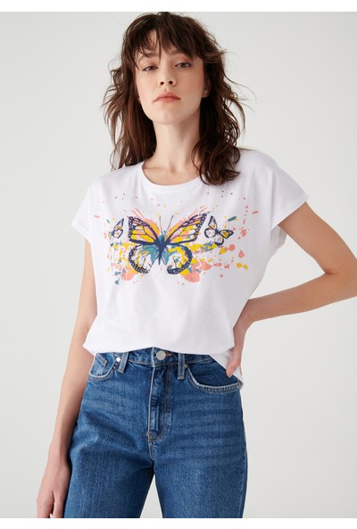 Mavi Kadın Kelebek Baskılı Beyaz Tişört 168593-620