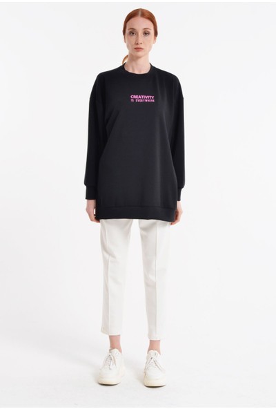 Nefise Bisiklet Yaka Kısa Tunik - Siyah