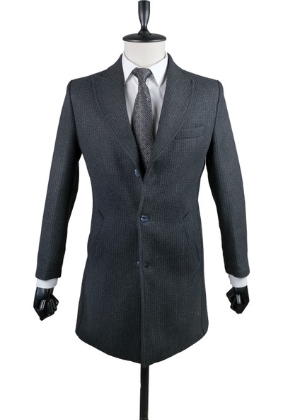 İmza Lacivert Kendinden Desenli Slim Fit Palto