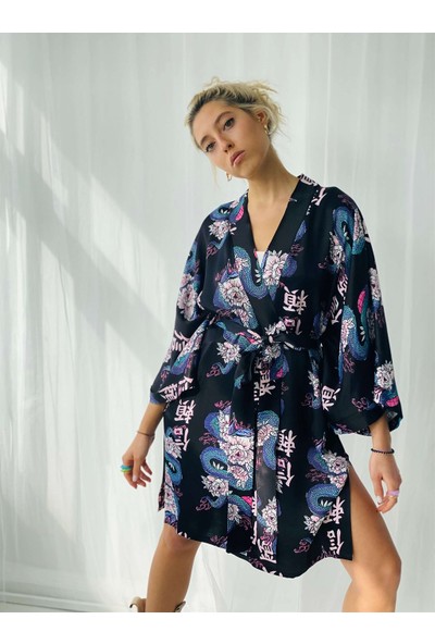 Retrobird Saten Dragon Kimono Siyah
