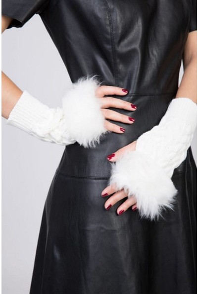 Kadın Beyaz Kürklü Yün Parmaksız Eldiven