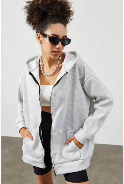 Xhan Gri Kapüşonlü Polar Sweathirt 2KXK8-45630-03