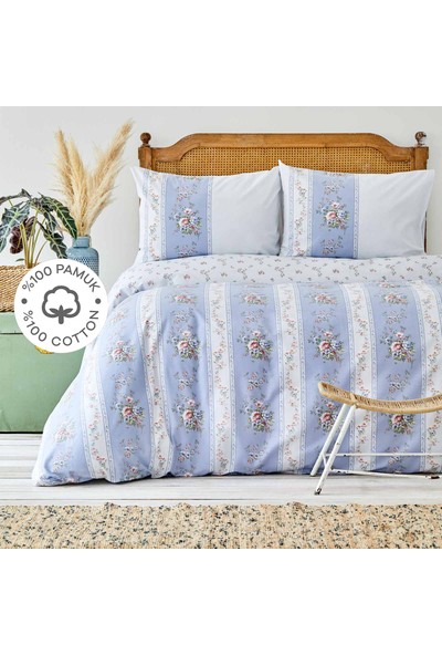 Sarah Anderson Loreta Mavi %100 Pamuk Çift Kişilik Nevresim Yastık Set